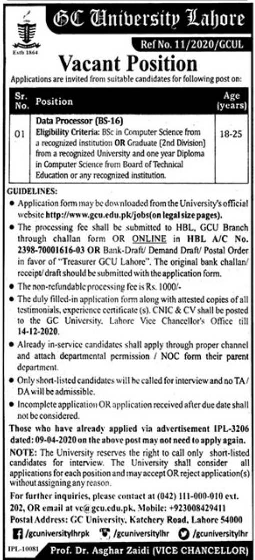 Latest Paper Pk Jobs in GC University Lahore